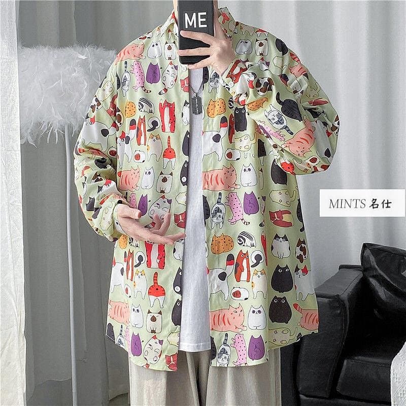 YOHO夏薄款長袖印花襯衫男免燙垂感防曬寬鬆日係痞帥襯衣外套潮-la- | 露天市集 | 全台最大的網路購物市集