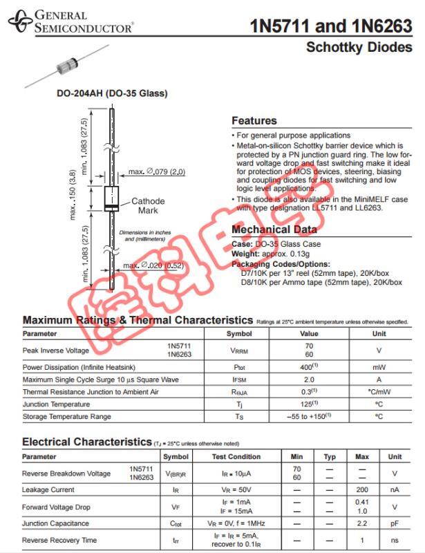 現貨~~1N5711肖特基二極管IN5711 威士進口原裝 DO-35快速開關1ns 70V | 露天市集 | 全台最大的網路購物市集
