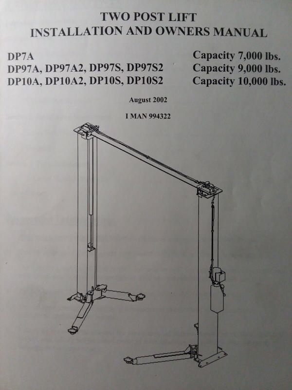 2-post 汽車升降機 dp7a dp10s2 dp10s dp10a2 dp97s2 dp97 owner 和零件手冊 ...