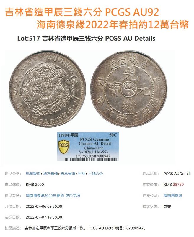 吉林省造甲辰三錢六分 PCGS鑑定 AU92 背太極圖 強轉光 品項佳 誤評 [認證編號43126241]【和美郵幣社】 | 露天市集 | 全台最大的網路購物市集