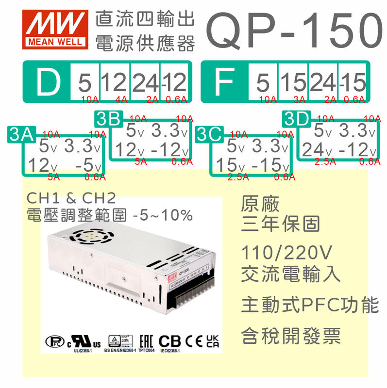 【保固附發票】MW明緯 150W 直流四輸出電源 QP-150系列 3.3V ±5V ±12V ±15V 24V | 露天市集 | 全台最大的網路購物市集
